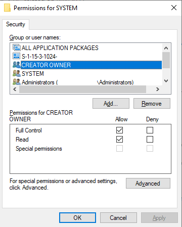 How to Update HKLM-SYSTEM permissions without removing "S-1-15-3-1024 ...