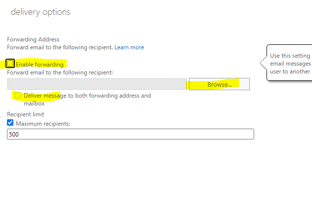 Set auto replies, Apply forwarding email address of user account in Exchange Admin Center Online ...