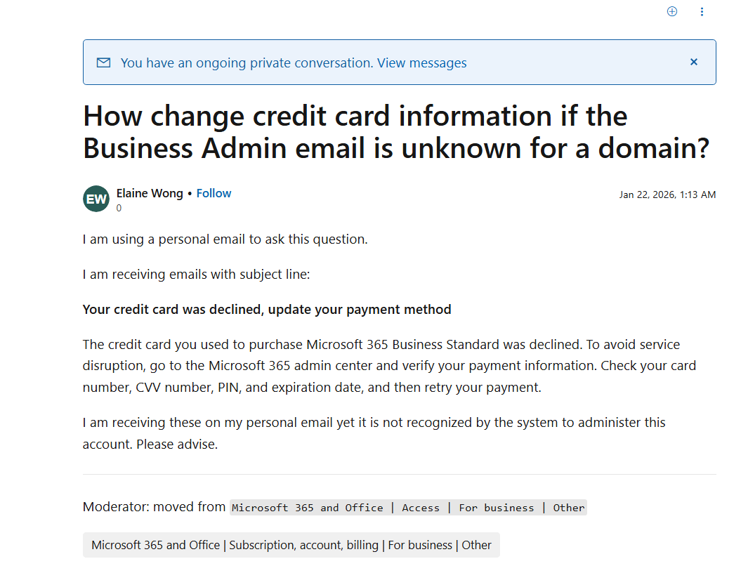 How change credit card information if the Business Admin email is ...