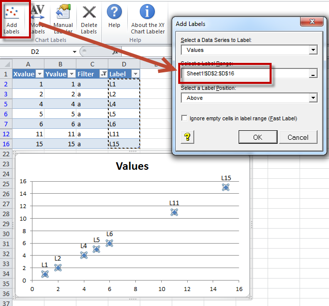 Data labels on xy scatter chart based on dynamic table - Microsoft Q&A