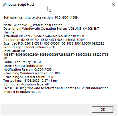 Rearmed Windows key after it started telling me to activate it, checked ...