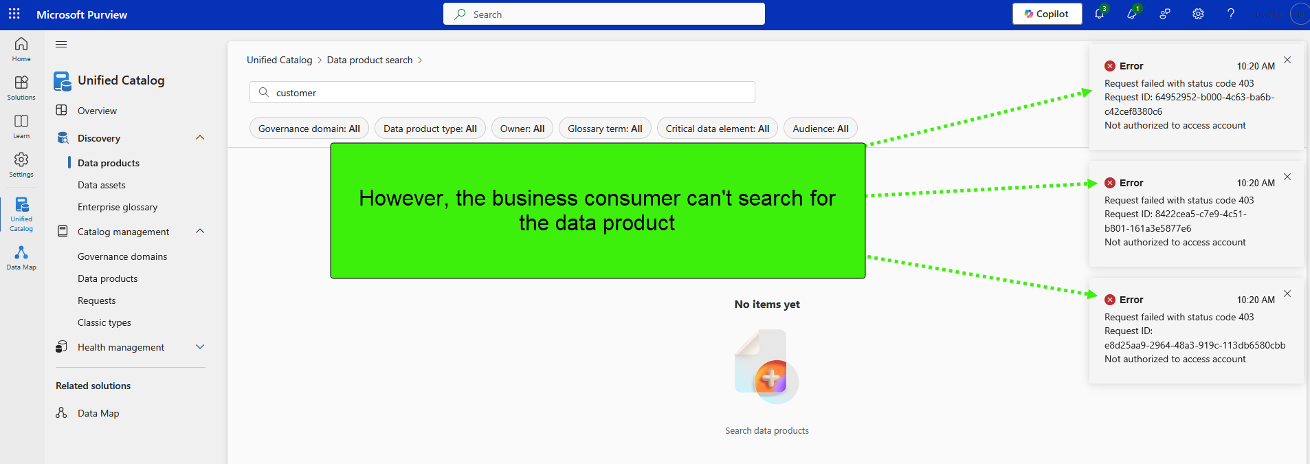 Purview Data Governance: Grant access to business consumers (regular users) to search in Unified ...