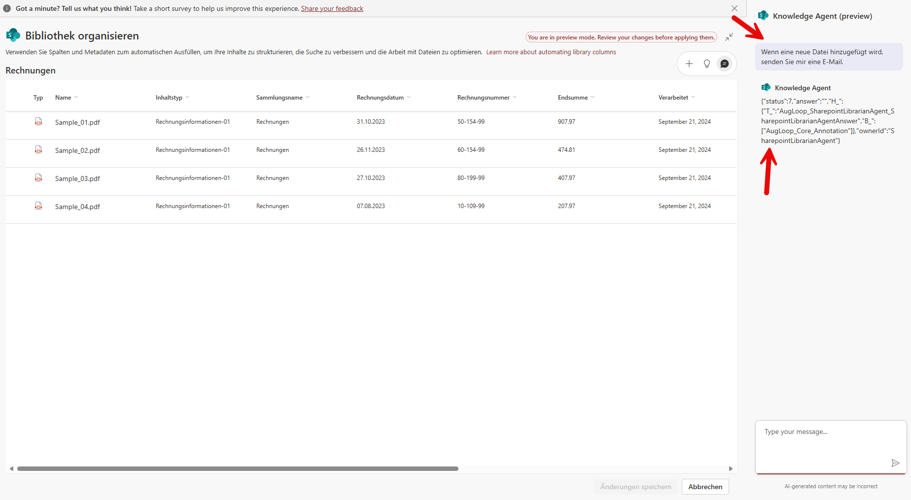 Knowledge Agent in SharePoint - Some (Command) prompts reply JSON only ...