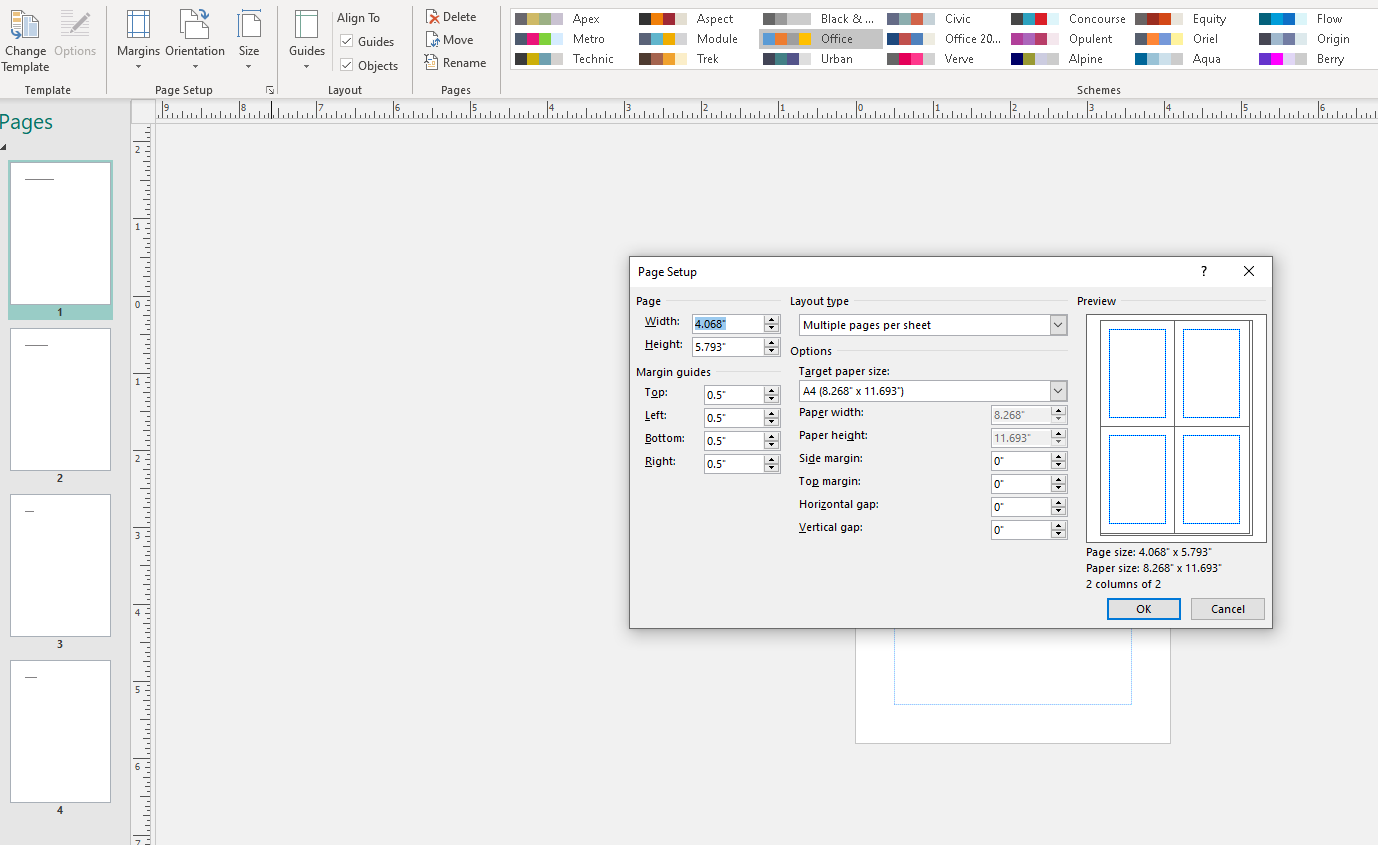 publisher, One design print 4 to 1 sheet and 1 to a sheet - Microsoft Q&A
