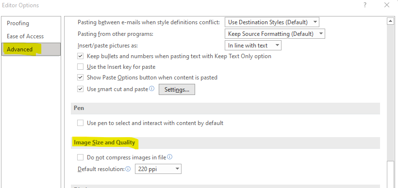 how to add Image size and Quality option, File > Options > Mail > Editor Options>Advanced ...
