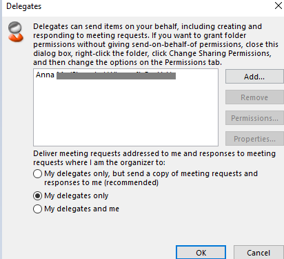 Outlook calendar delegate: Send meeting invitations to manager and delegate, but meeting ...