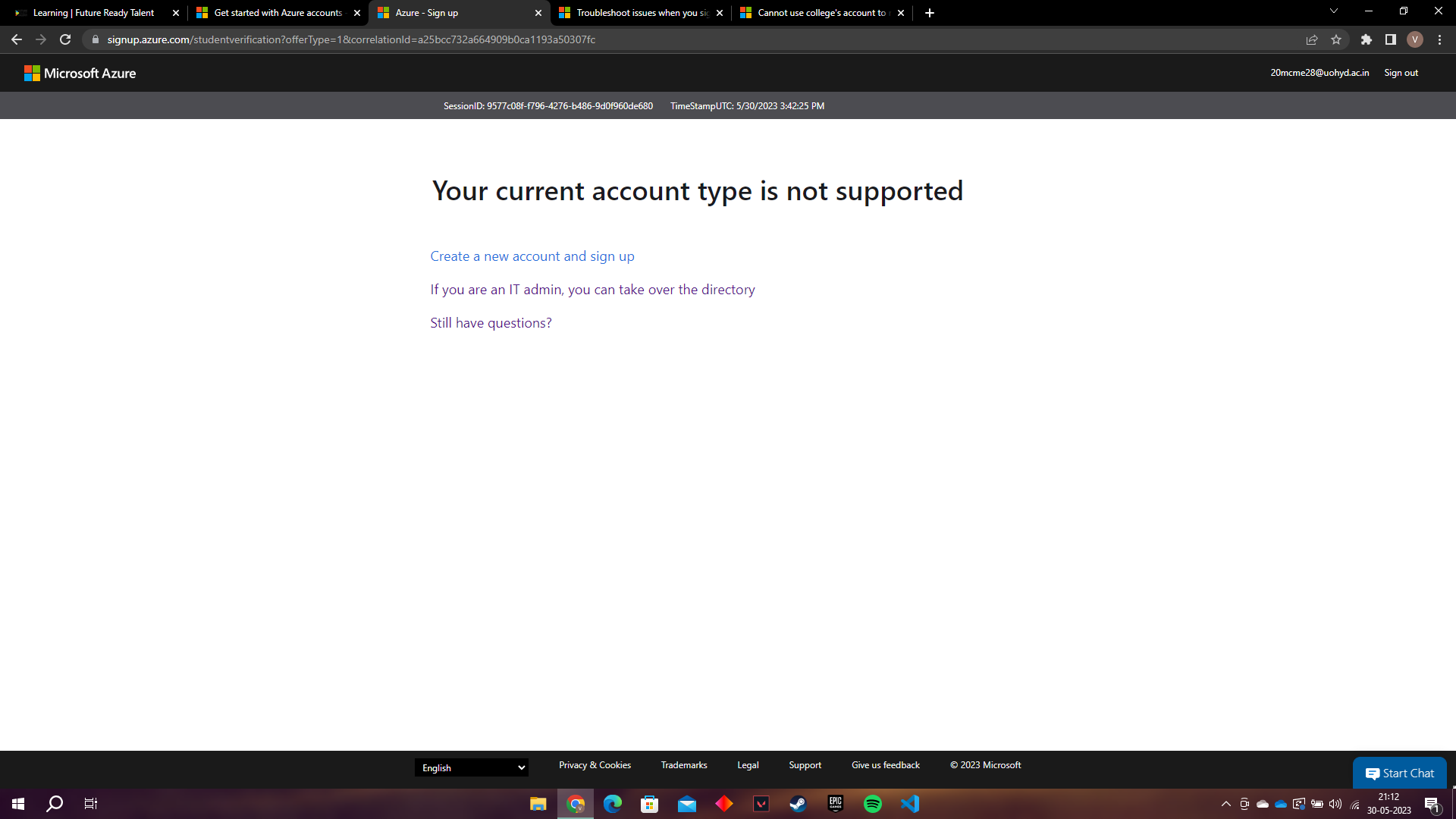 Cannot use university mail ID to create a free student account on Azure ...