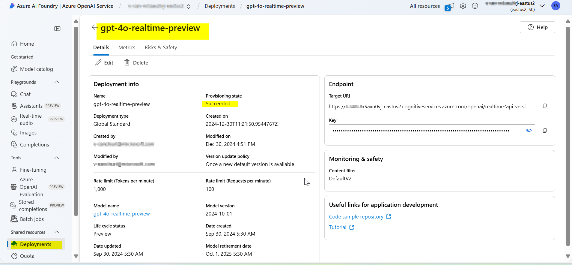 Always getting no available quota error for Azure openai realtime api. - Microsoft Q&A