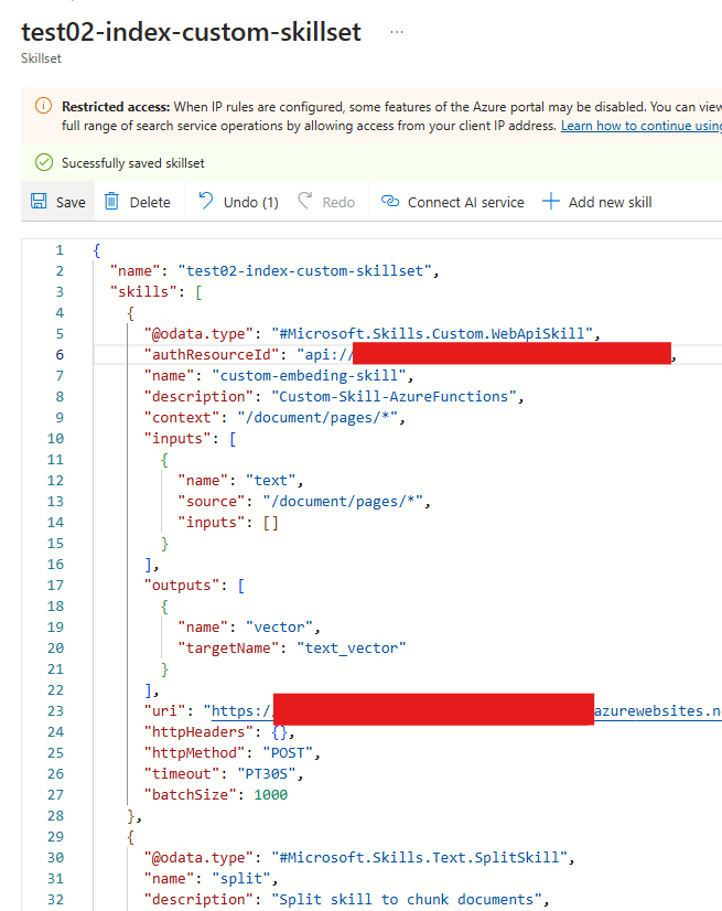 Unable to save authResourceId for a Custom Skill in Azure AI Search Skillset - Microsoft Q&A