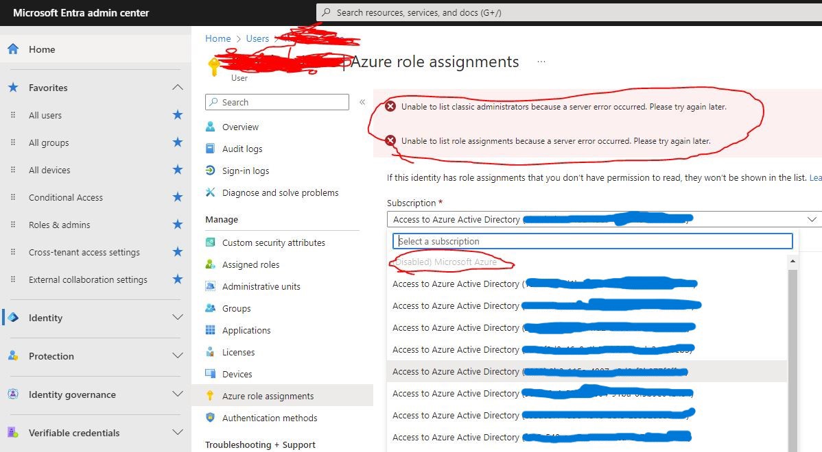 Unable to list role assignments because a server error occurred. Please try again later ...