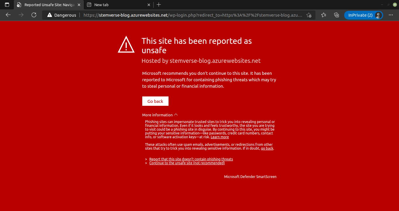 Display "site has been reported as unsafe" - Microsoft Q&A