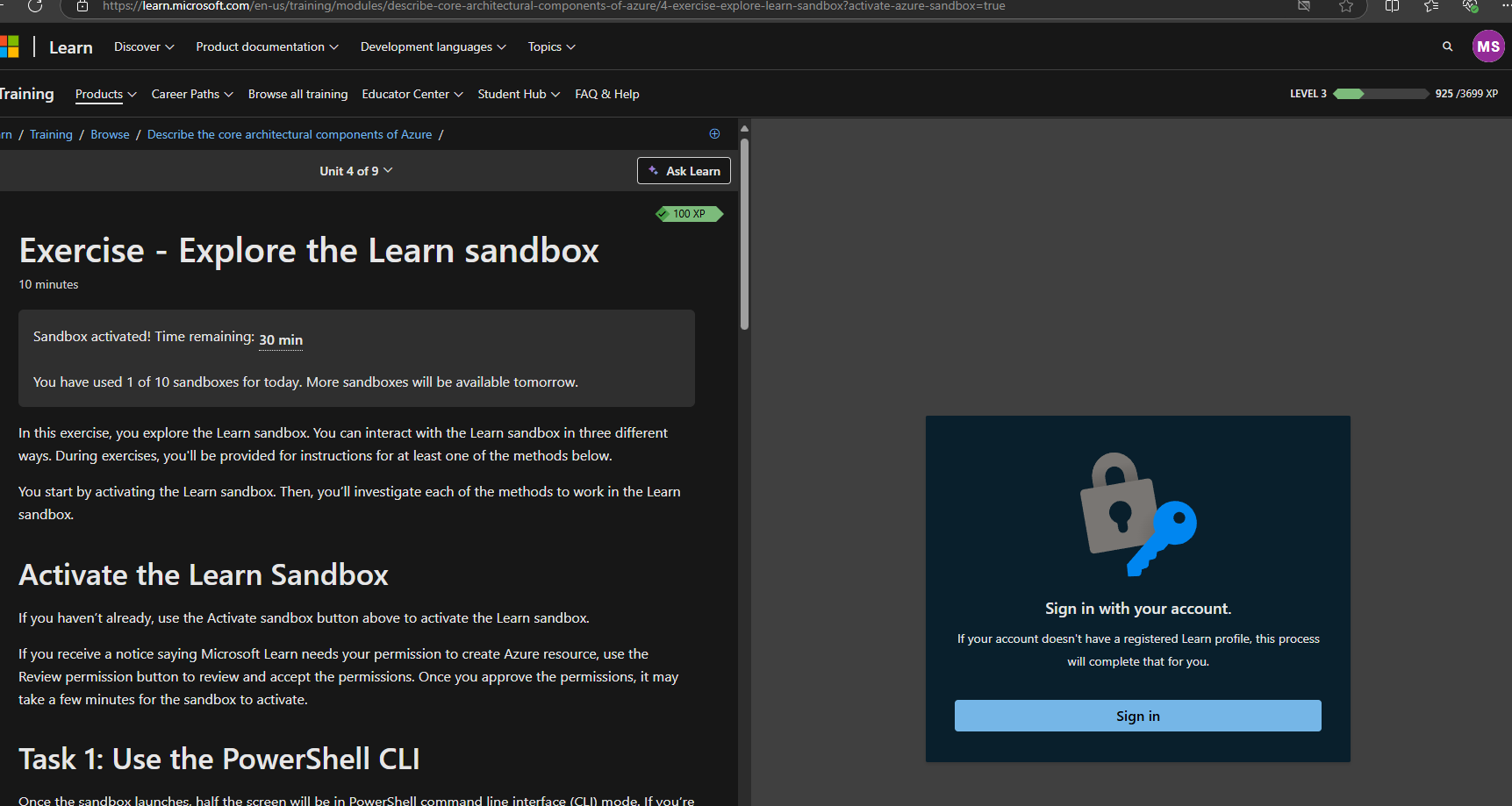 Microsoft Learn wont let me log into the sandbox for the azure fundamentals training - Microsoft Q&A