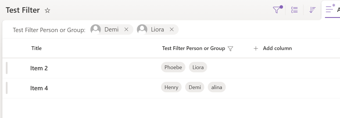 Apply filter on multi person column in SharePoint list - Microsoft Q&A