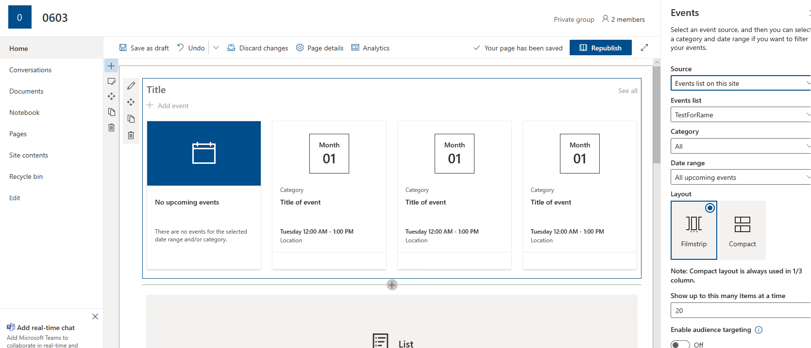 Add event list web part in the SharePoint Modern Page without page headers - Microsoft Q&A