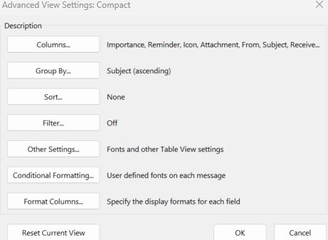 Does the new outlook no longer have the Advanced View Settings where I can modify Columns, Group ...