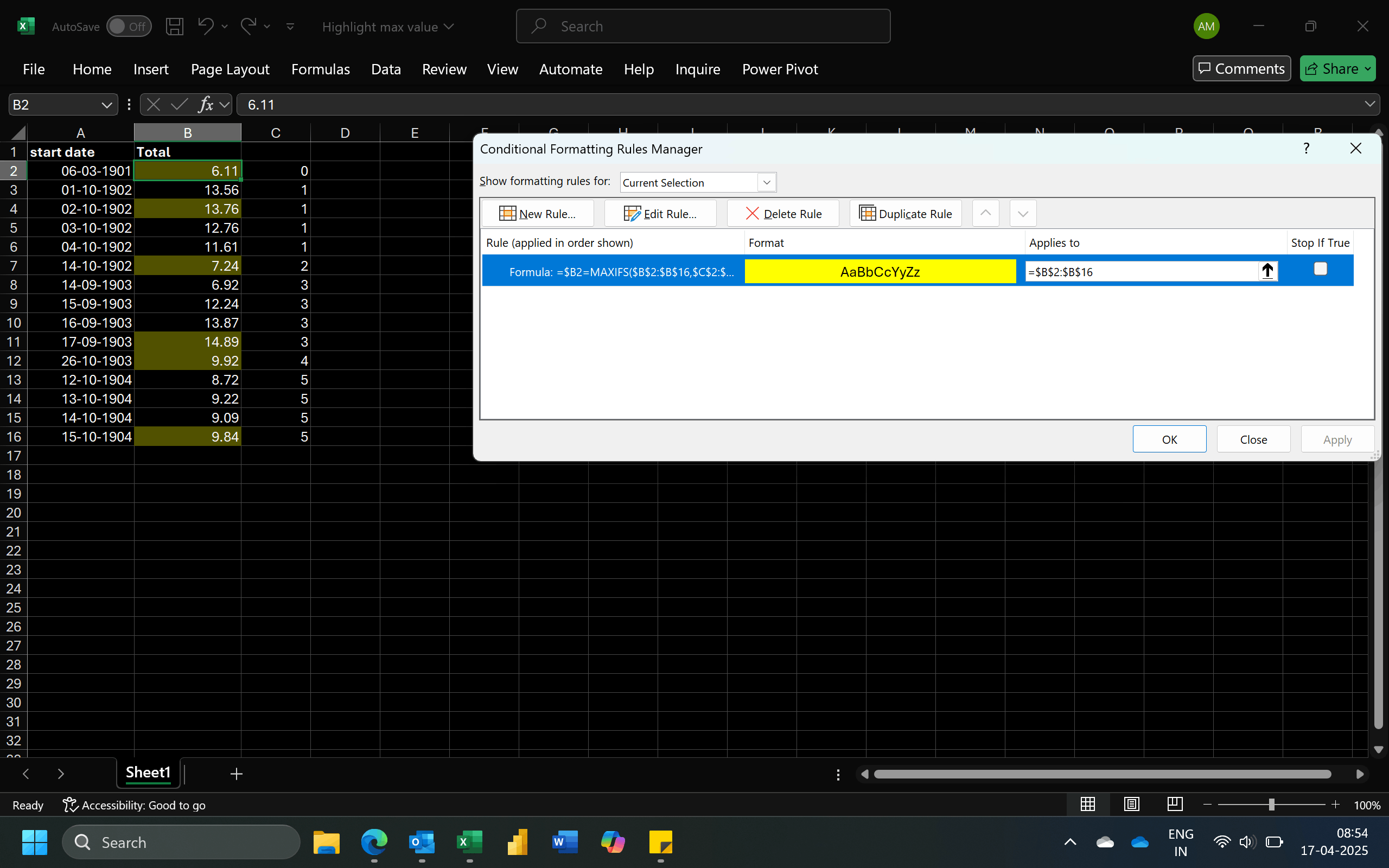 How can I highlight a max value in a column based on date criteria in corresponding rows ...
