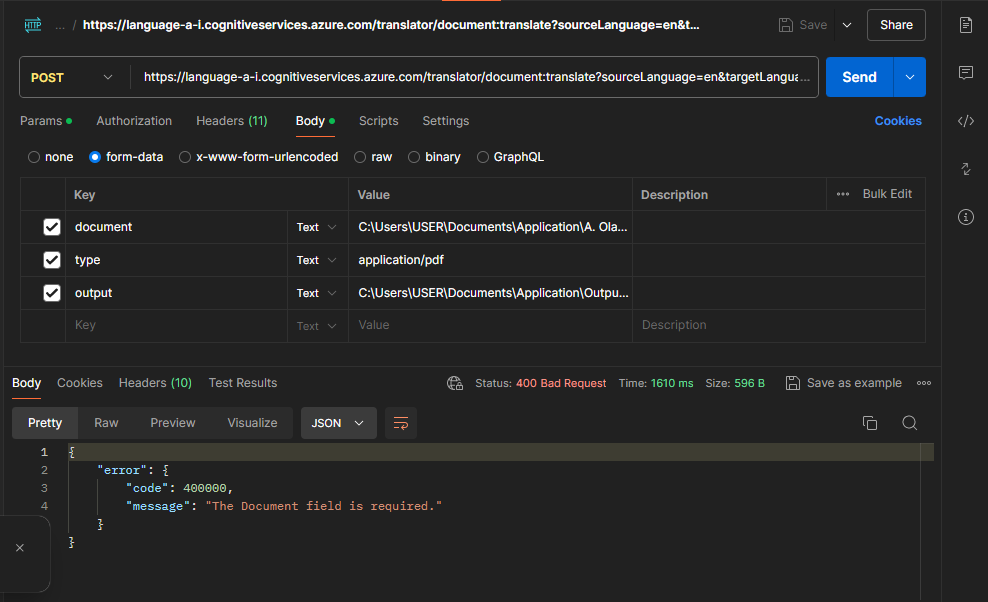 How can I fix error with the code 400000 and message The Document field ...