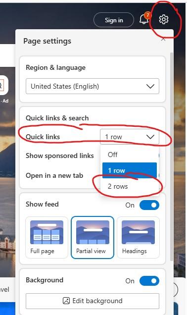 Two rows of Edge quick links have disappeared with one of the updates ...