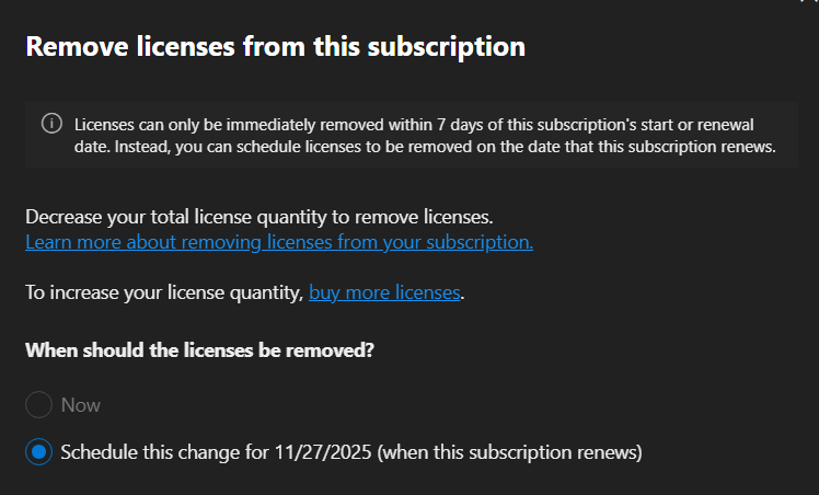 Unable to remove license. Now option is greyed out for "When should the ...
