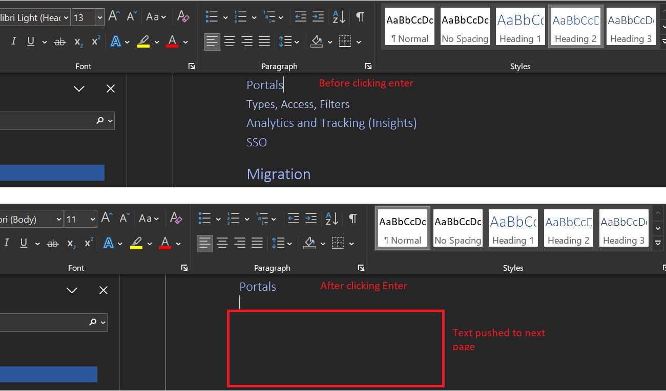 When I click enter at the end of any heading, word pushes the content ...