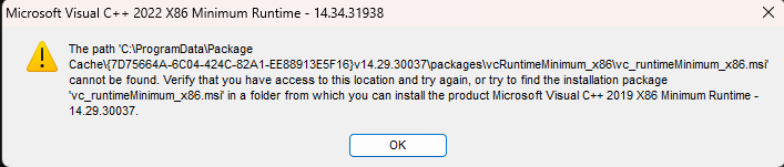microsoft visual c++ 2022 x86 minimum runtime이 설치가 되지 않습니다 - Microsoft Q&A