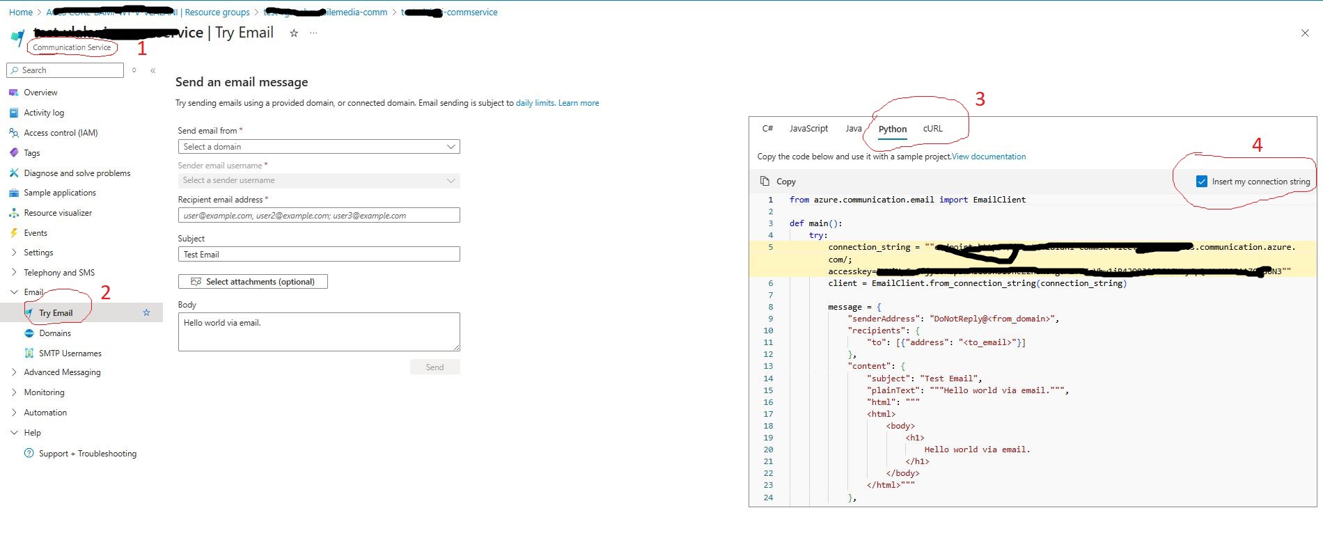 how to get connection string for azure email communication service - Microsoft Q&A
