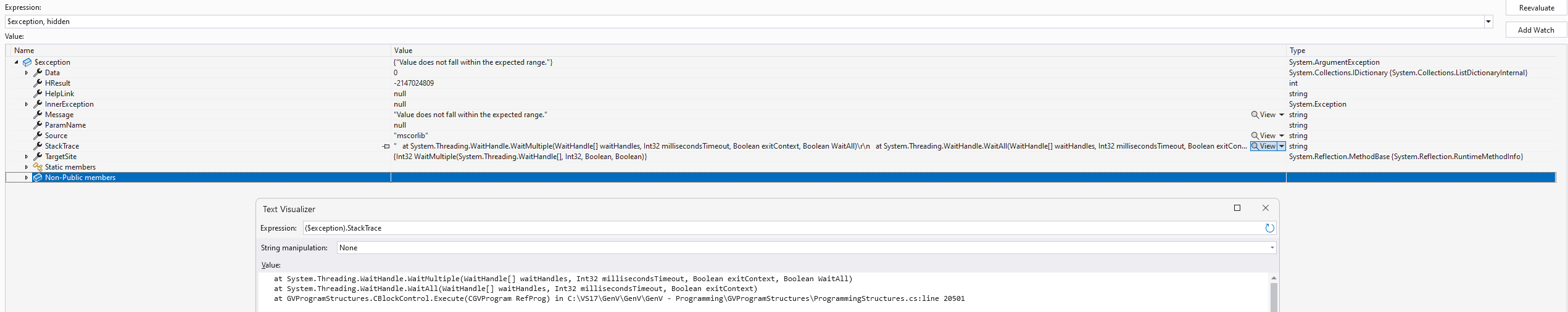 Getting "Value does not fall within the expected range." on a call to EventWaitHandle.WaitAll ...