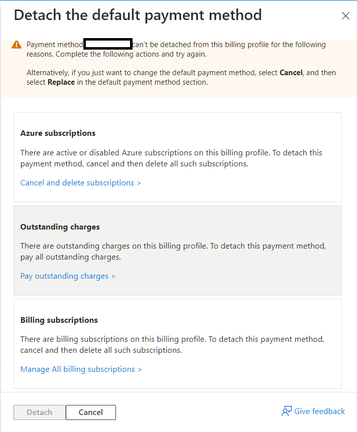 I cannot delete my credit card from my Azure account and also I'm being ...
