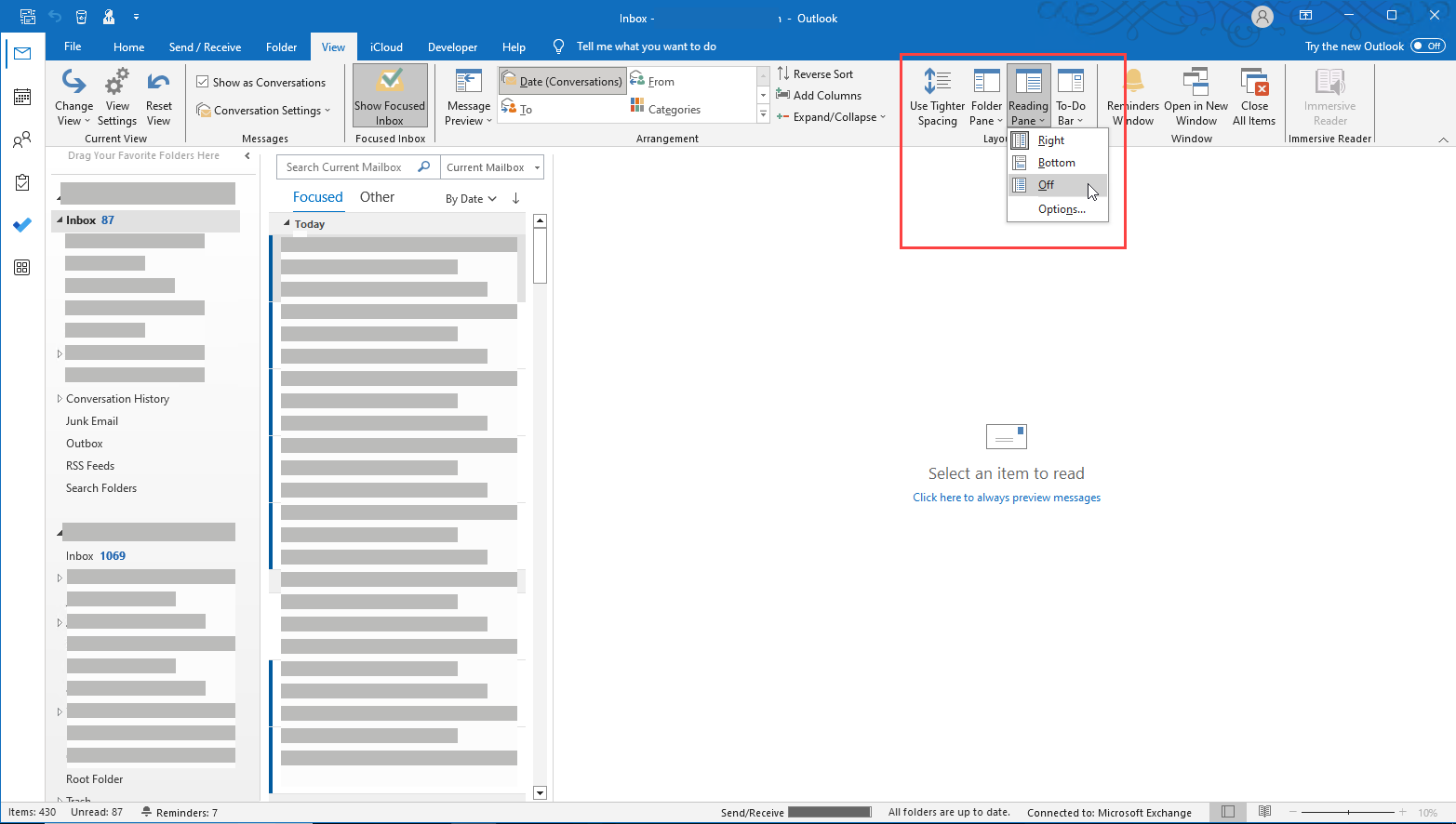 Why is The Review Pane OFF key is grayed out on microsoft outlook 2019 ...