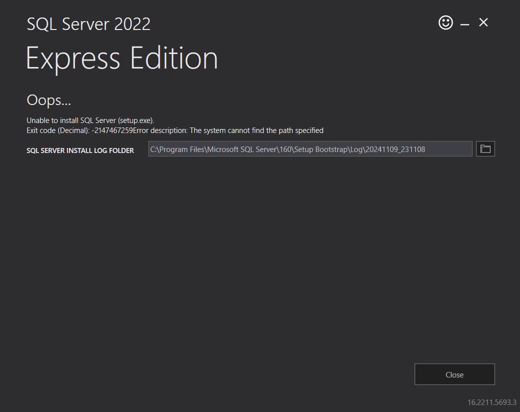 Unable to install SQL Server(setup.exe) Exit code(Decimal): -2147467259Error description:The ...