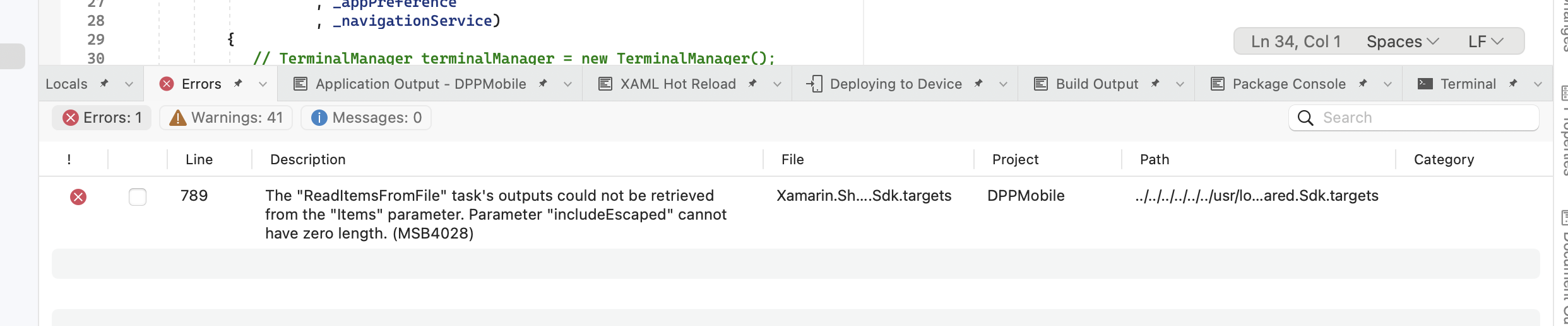 Error MSB4028: The "ReadItemsFromFile" task's outputs could not be retrieved from the "Items ...