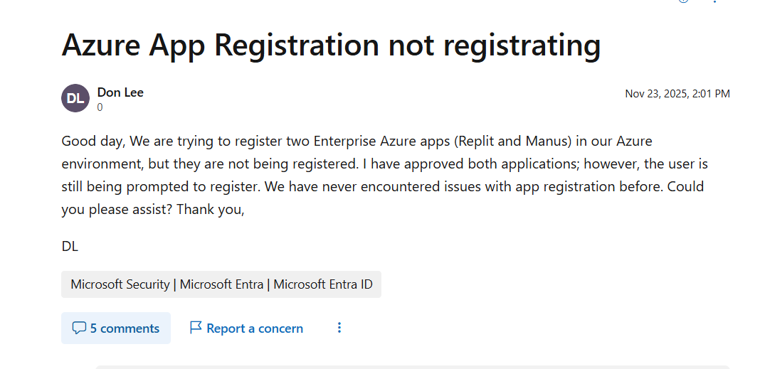Azure App Registration‎ not registrating - Microsoft Q&A
