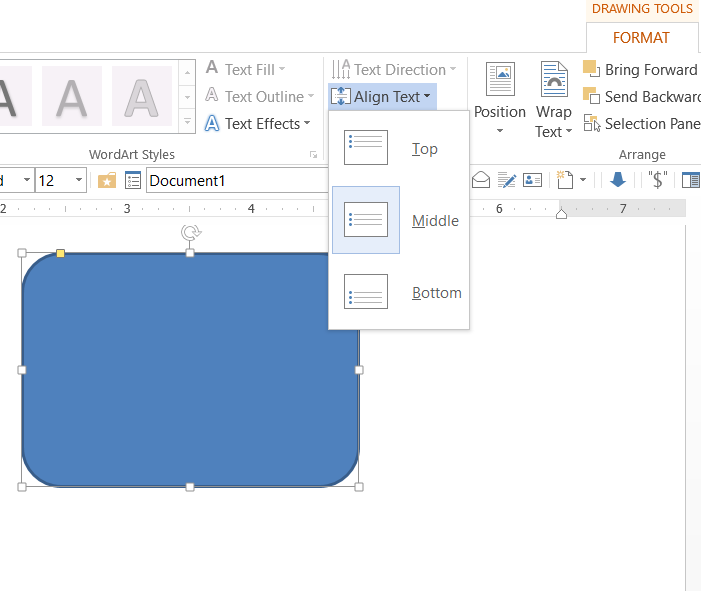 MS Word 2016 vertical alignment in text box, options are shaded and ...