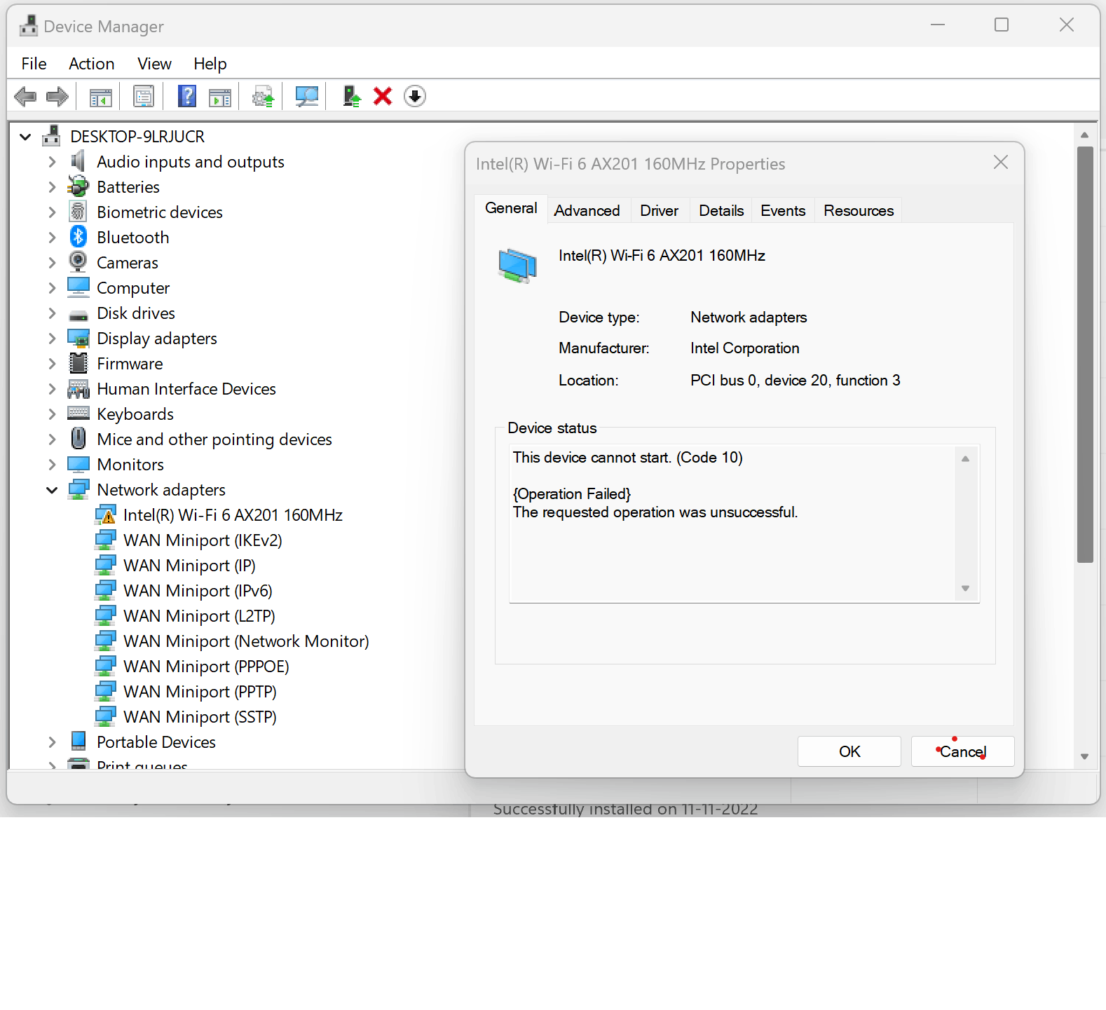 Intel(R) Wi-Fi 6 AX201 160MHz : Has encountered an internal error and ...