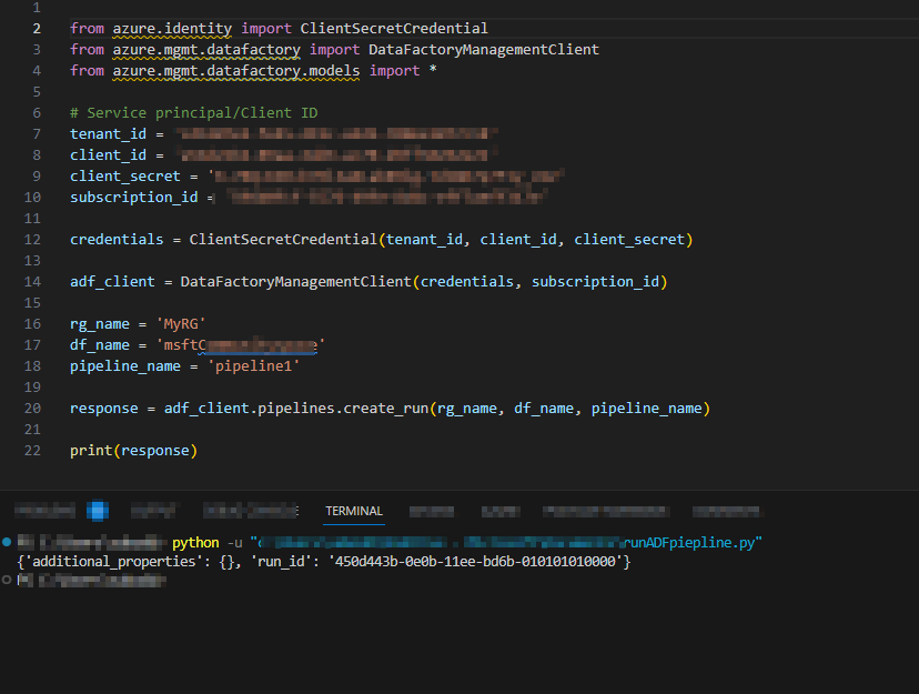 How do I fix this code to allow me to trigger my Azure pipeline in data factory using a block in ...