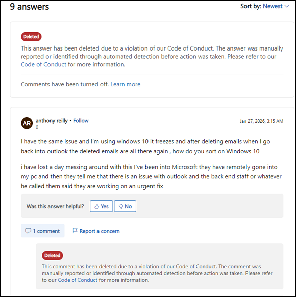 Comment and Answer were deleted - Microsoft Q&A