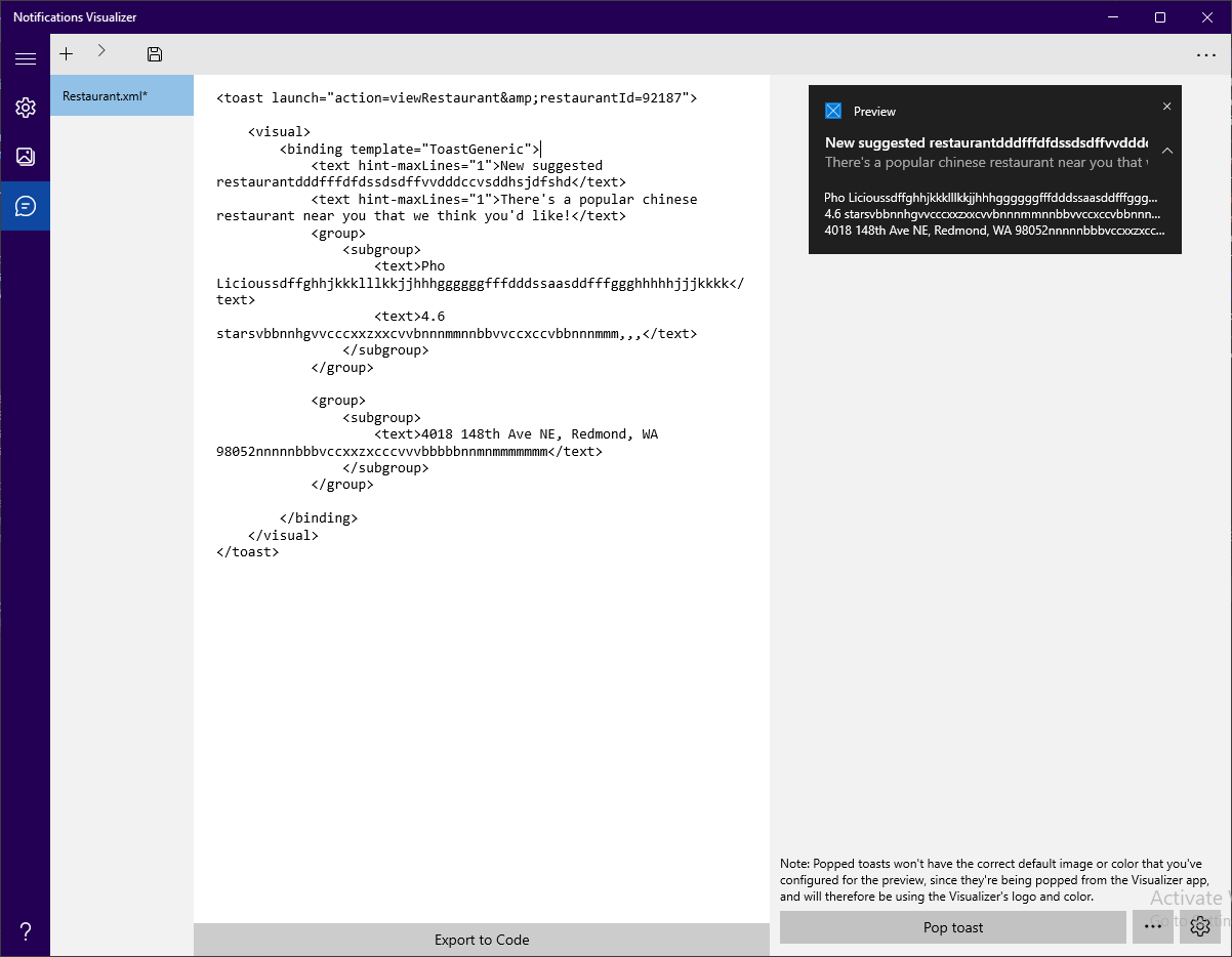 How to create a system notification with ultra long ellipses displayed ...