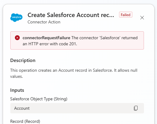 Copilot interpreting 201 Status Code from Create Salesforce Record ...