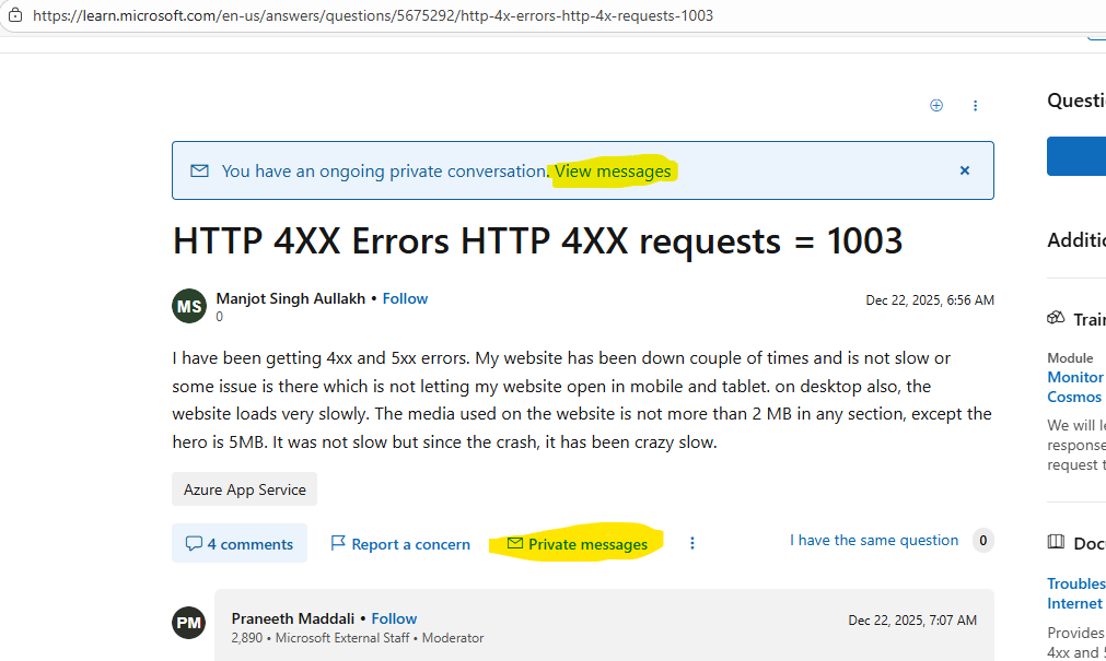 HTTP 4XX Errors HTTP 4XX requests = 1003 - Microsoft Q&A