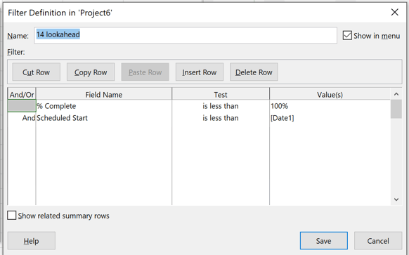 Can you create a 2 week look ahead schedule filter in a master project file? - Microsoft Q&A