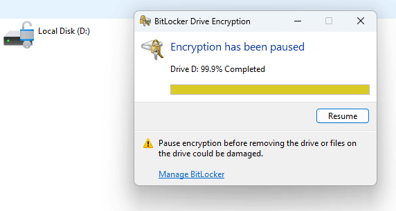 Bitlocker Encryption Stuck At 99 9 Encryption Has Been Paused Encryption Could Not Be Resume