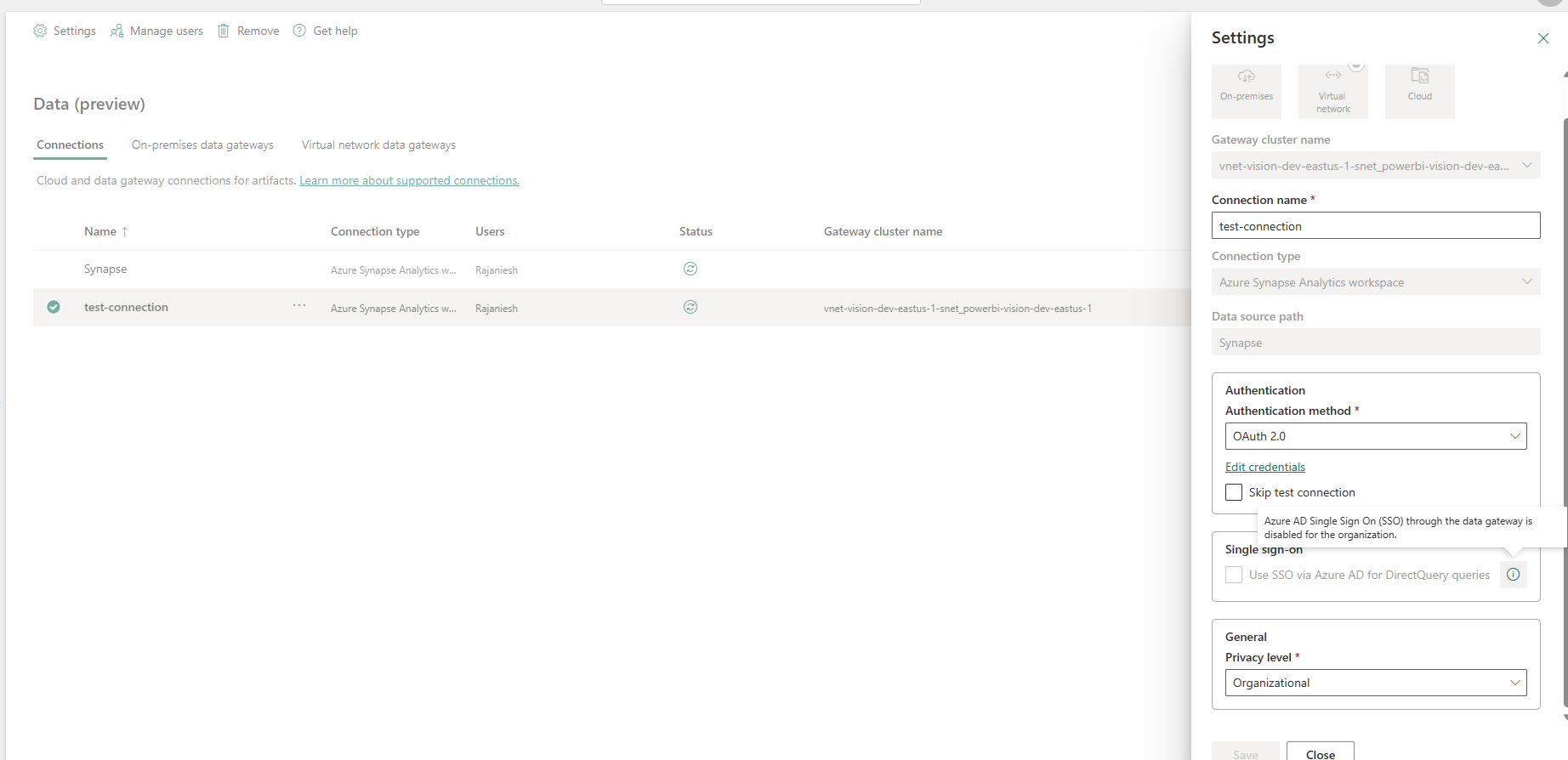 Power BI: Azure AD single sign-on (SSO) through the data gateway is disabled for this ...