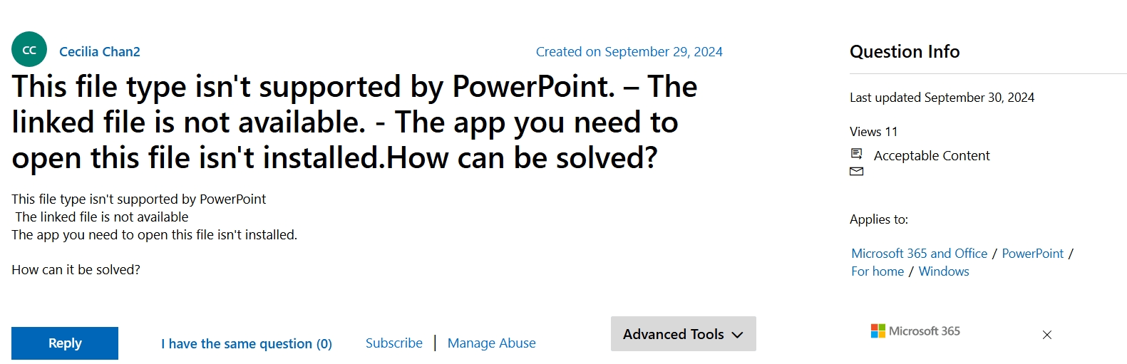 This file type isn't supported by PowerPoint. – The linked file is not ...