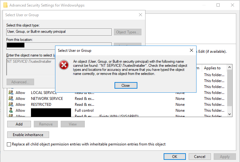 NT SERVICE\TrustedInstaller is missing - Microsoft Q&A