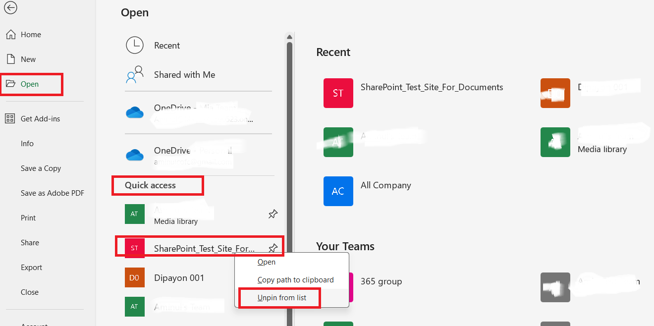 How do I add or remove Teams folders from the Excel "Quick Access" list when I click file/open ...