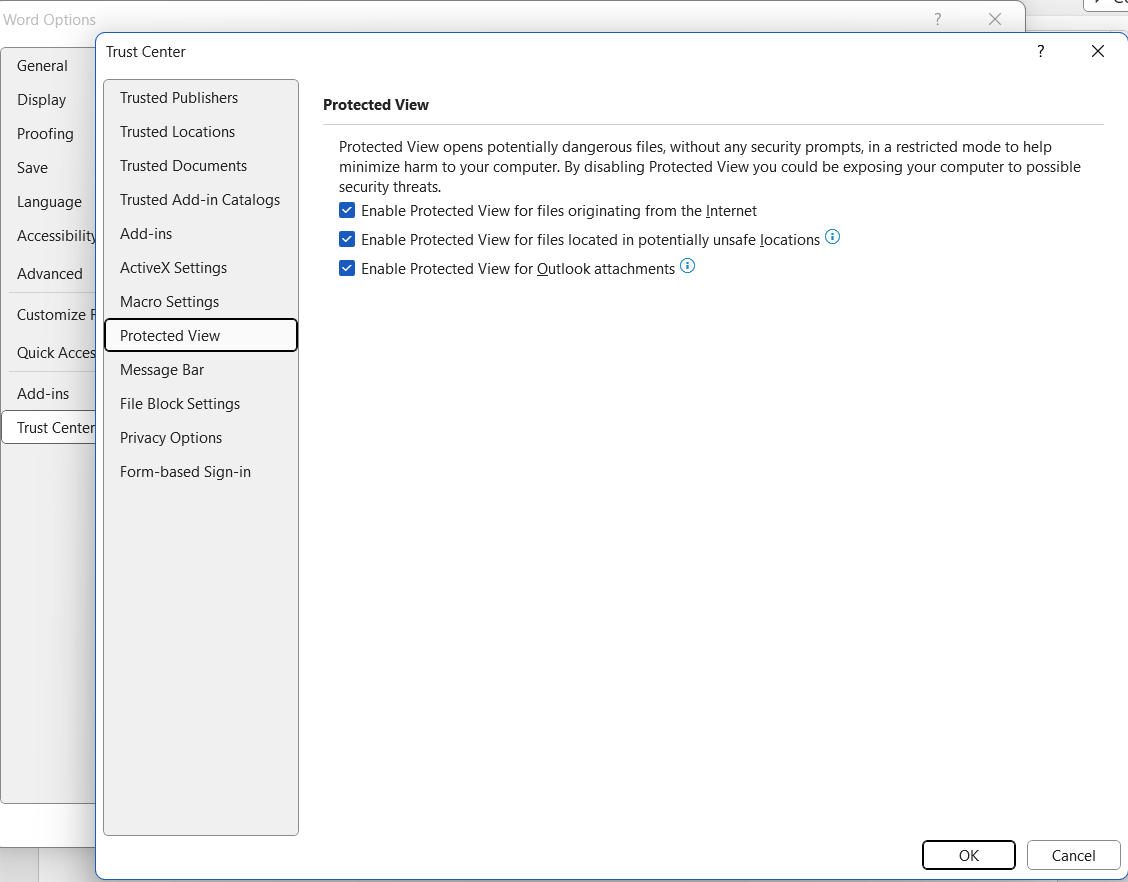 Issue with trust center [Protected View Settings] - Microsoft Q&A