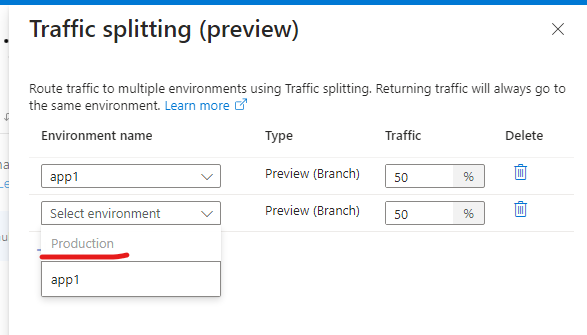 Cannot revert the traffic of the production environment with Traffic Splitting in Static Web ...