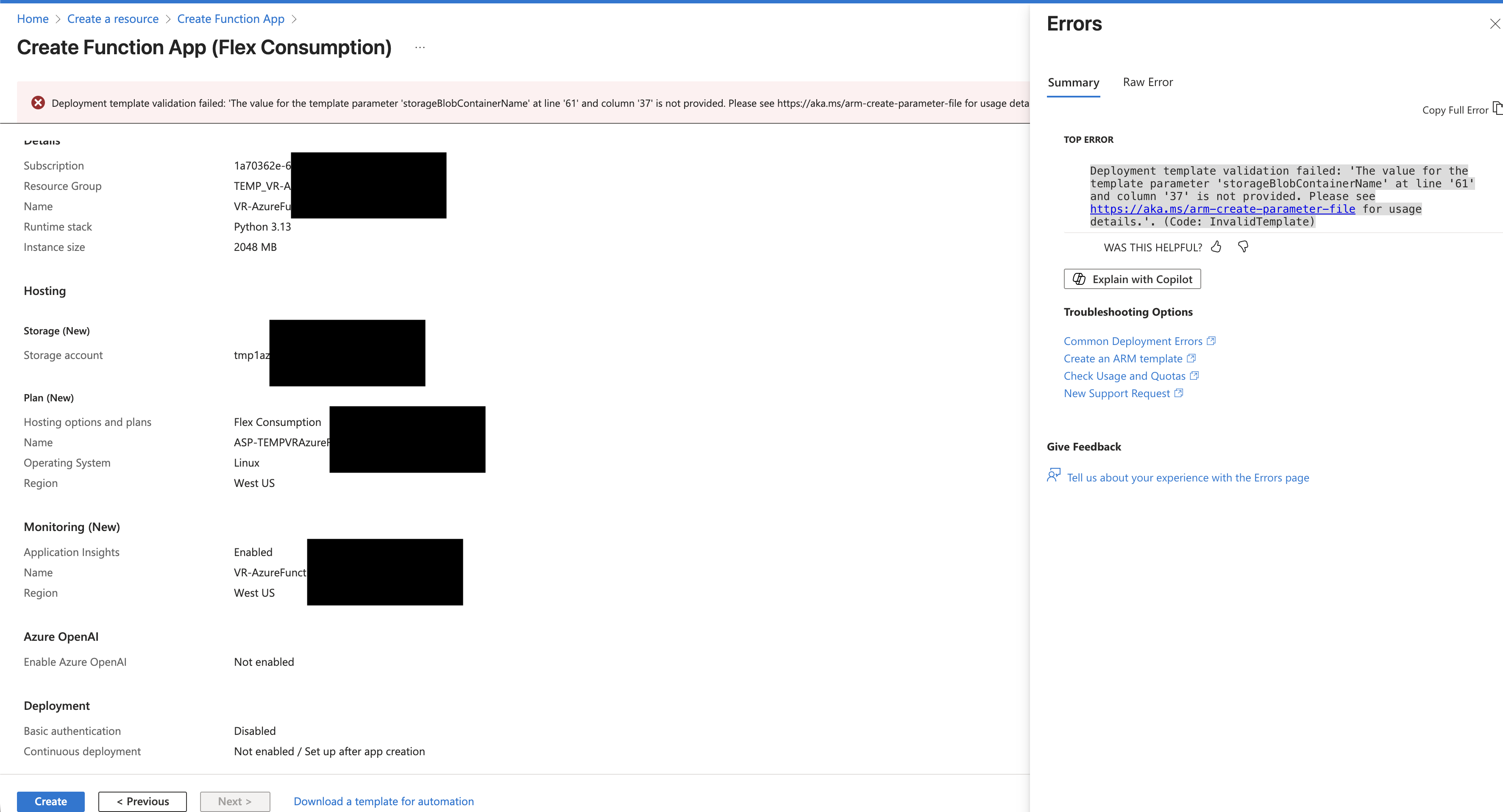 Deploying Flex Consumption Azure Function Through the Wizard Produces Template Error - Microsoft Q&A