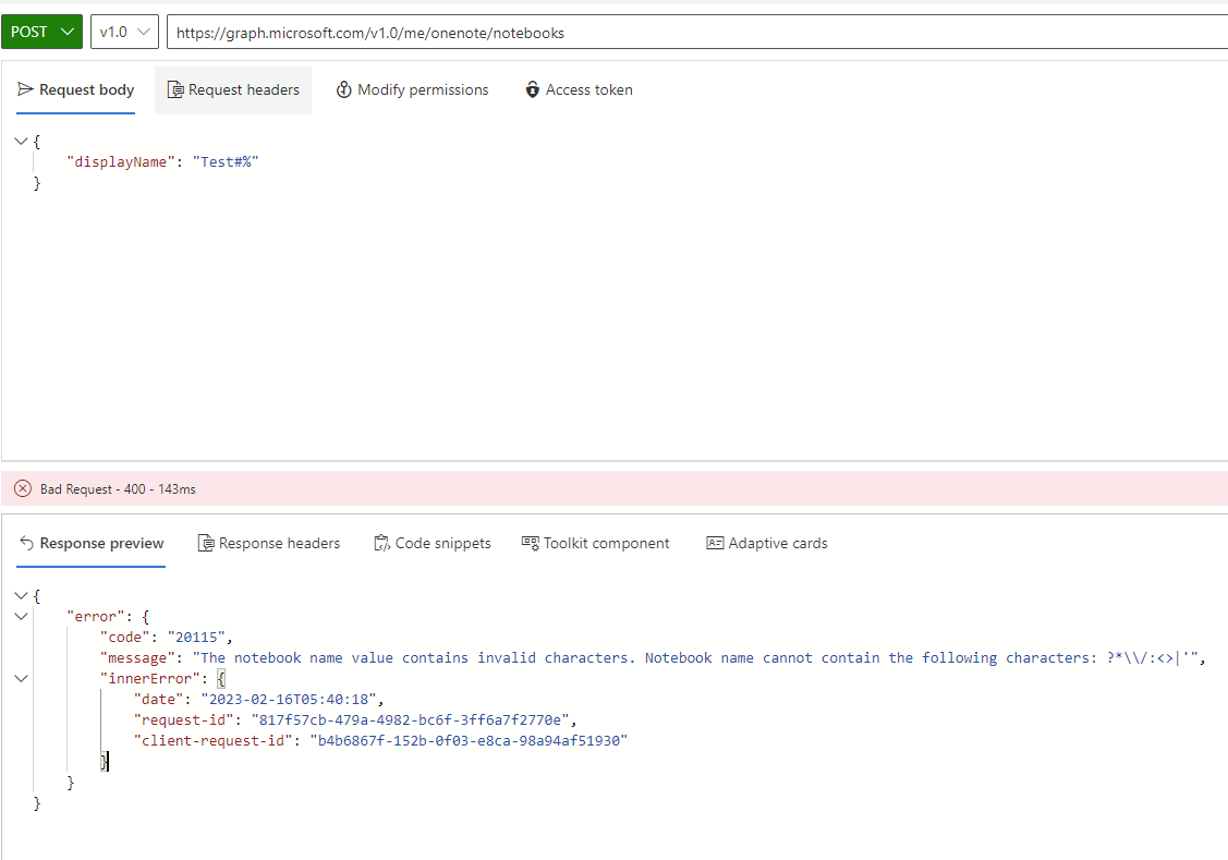 Creating a Onenote notebook with special characters fails with SDK and Graph API, but succeeds ...