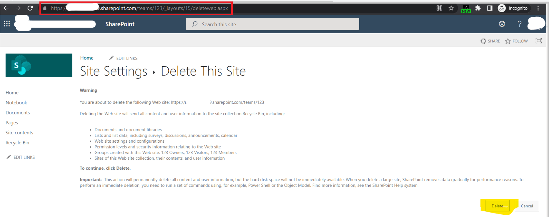 Delete SharePoint site - Microsoft Q&A